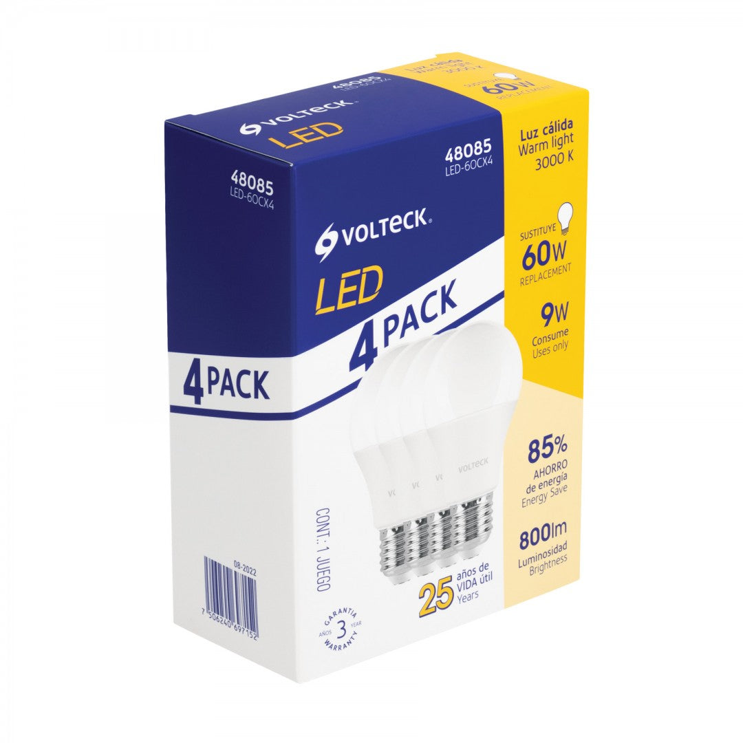 PACK 4 PZ FOCO LED A19 VOLTECK 9 WATTS LUZ CALIDA (48085) LED-60CX4 ...